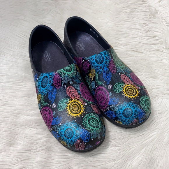 CROCS | Shoes | Crocs Black Multicolor Rainbow Floral Print Comfort ...